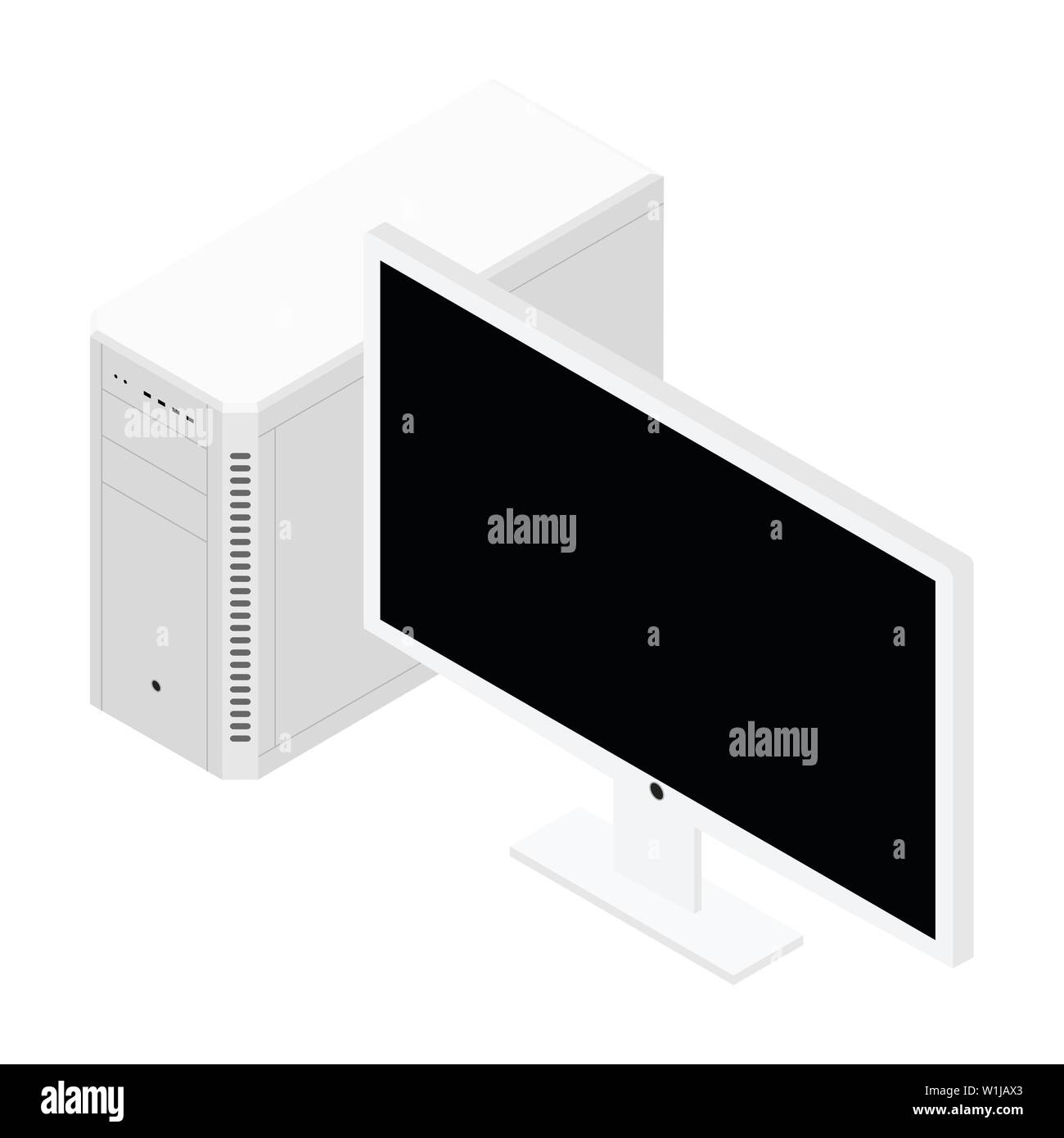 Personal computer case and monitor isometric view isolated on white ...