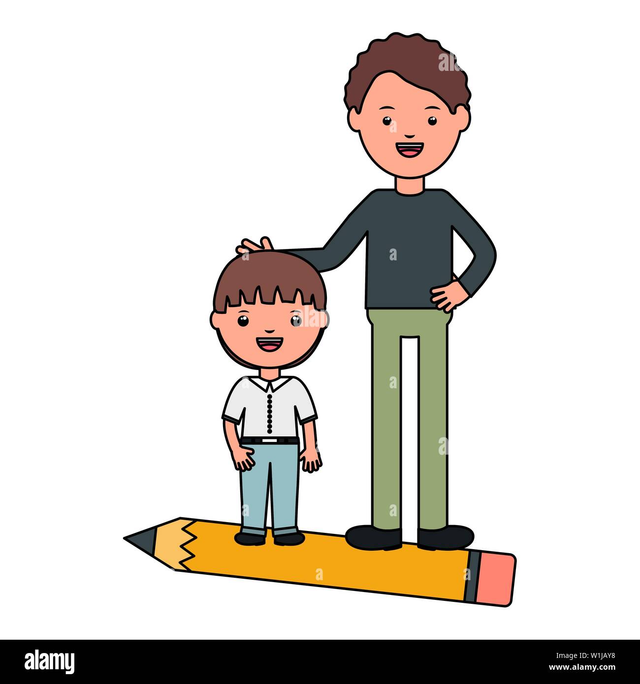 cute little student boy with teacher and pencil vector illustration ...