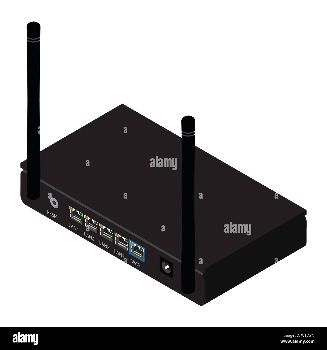 Black realistic wireless router with the antenna isometric view. Wi-Fi ...