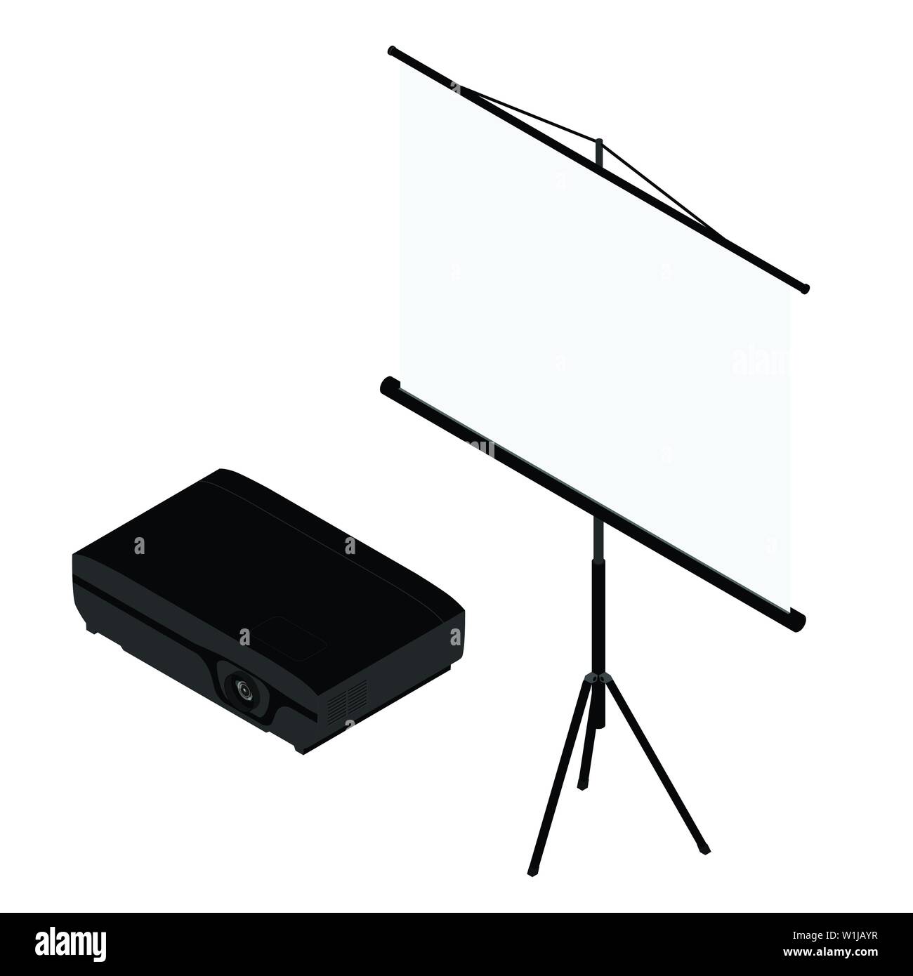 Projector and screen isometric view. Realistic video projector and ...