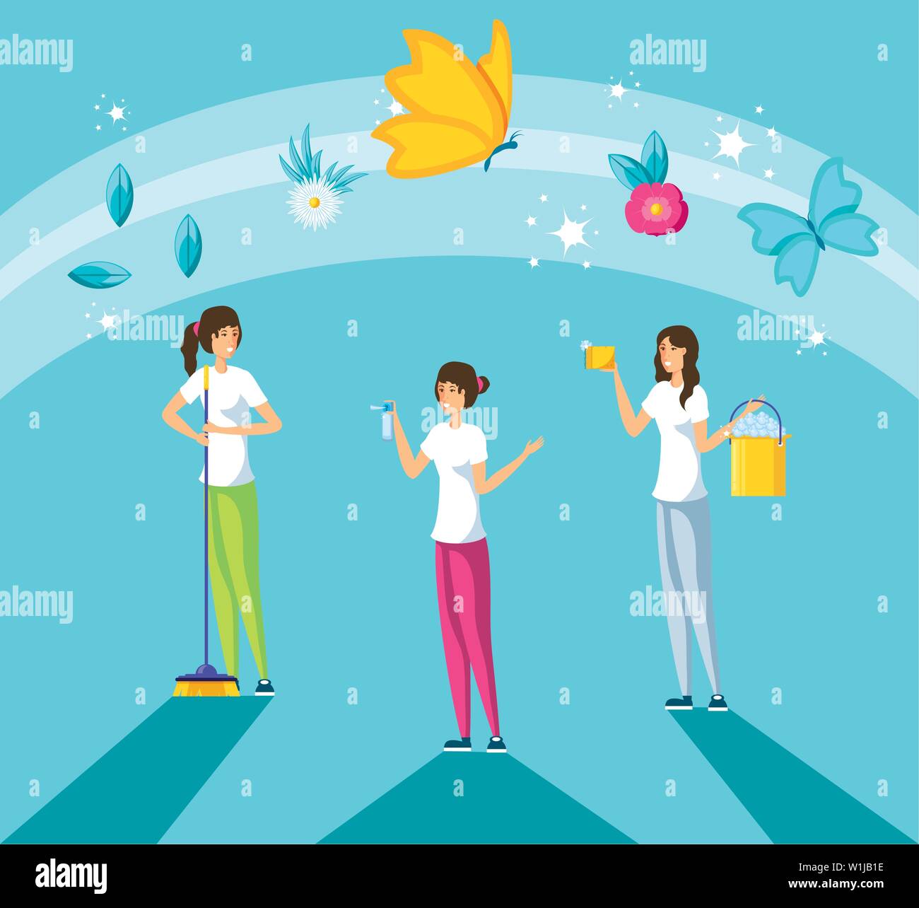 housekeeping women with flowers and tools vector illustration design ...