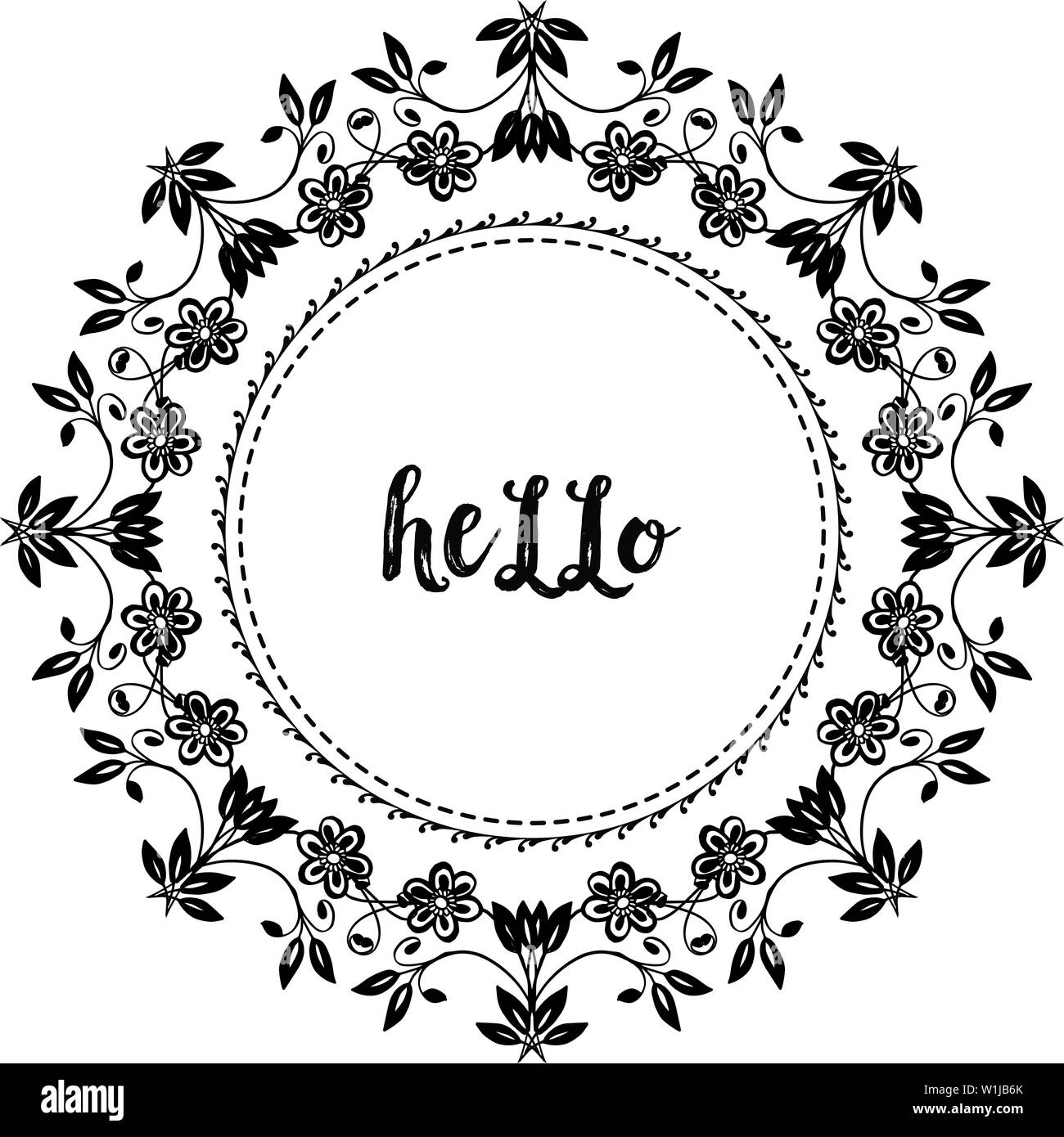 Vector illustration lettering hello with crowd of flower frame hand ...