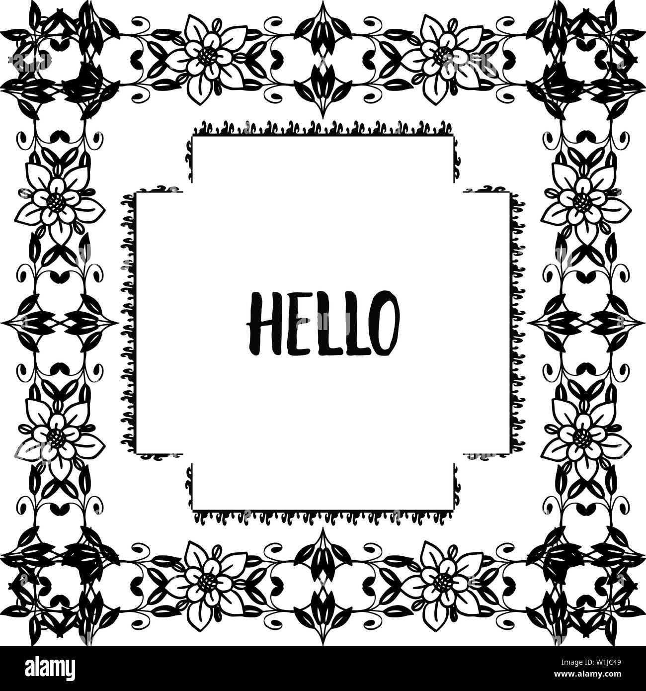 Vector illustration invitation card hello with black white of flower ...