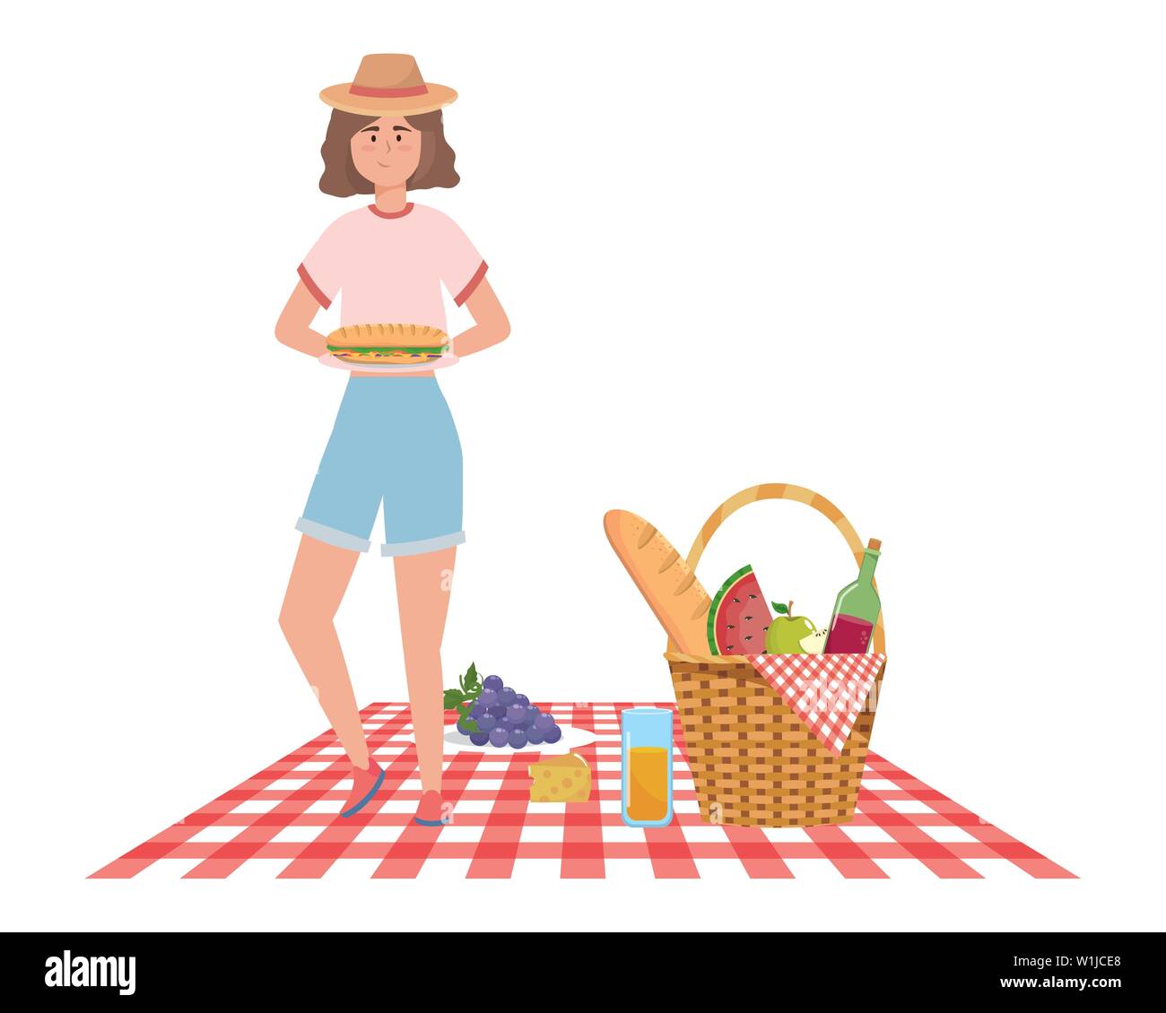 Woman cartoon having picnic design, Food summer outdoor leisure healthy ...