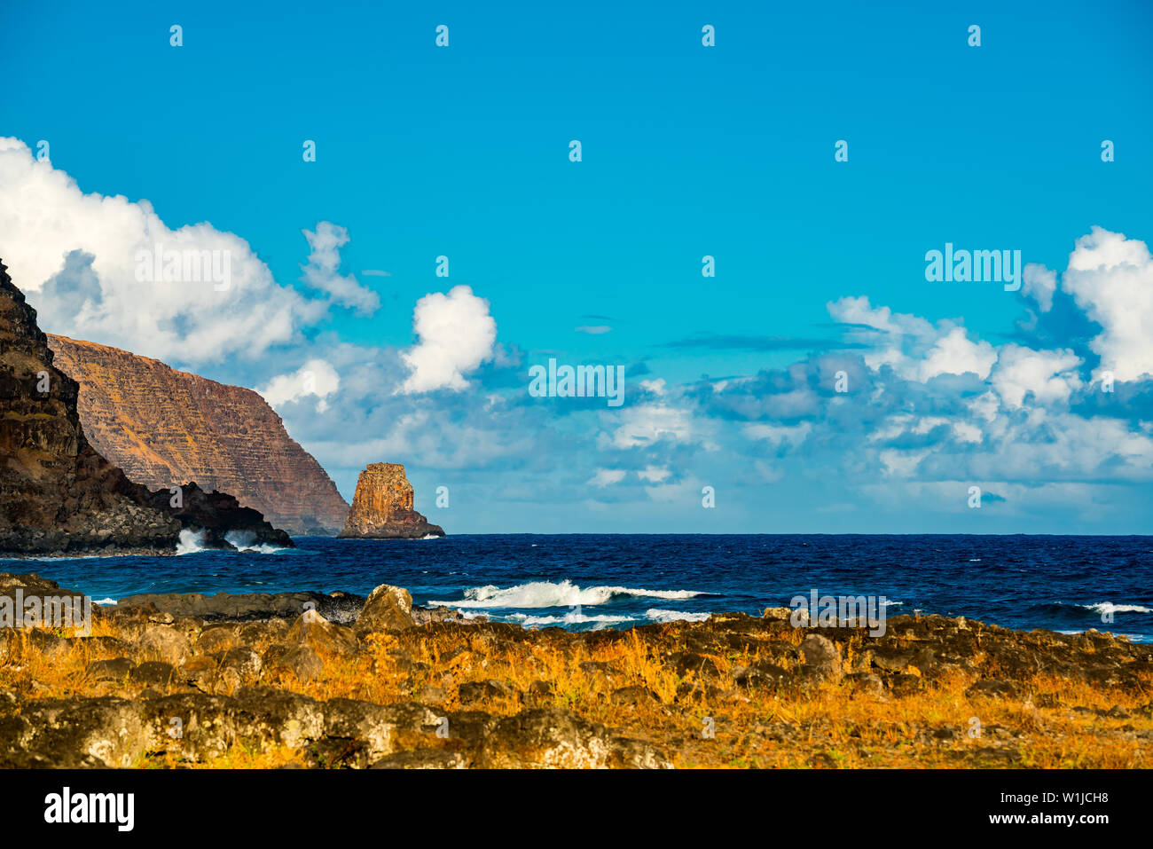 View of Easter Island and South Pacific Ocean in Chile in sunny day ...