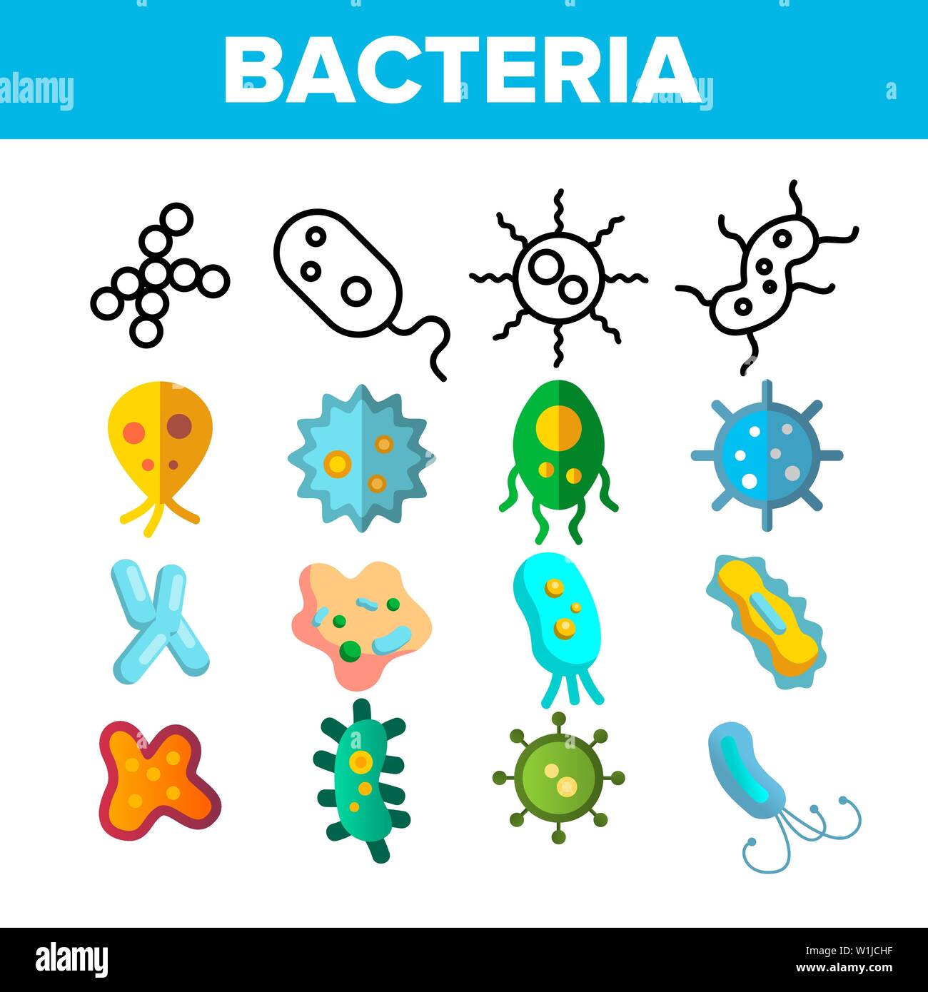 Bacteria, Bacterial Cells Vector Thin Line Icons Set Stock Vector Image ...