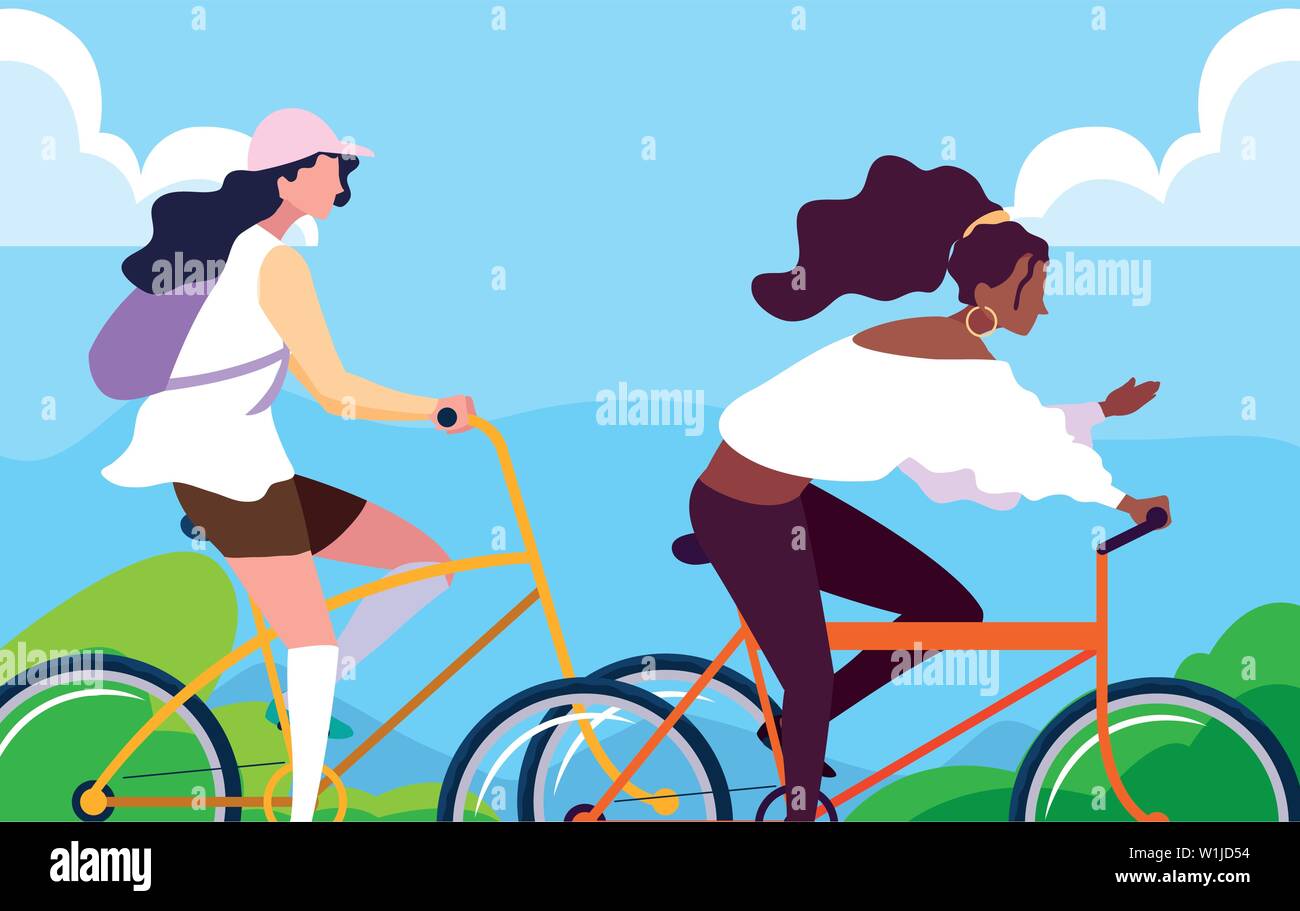 young women riding bike with landscape vector illustration design Stock ...