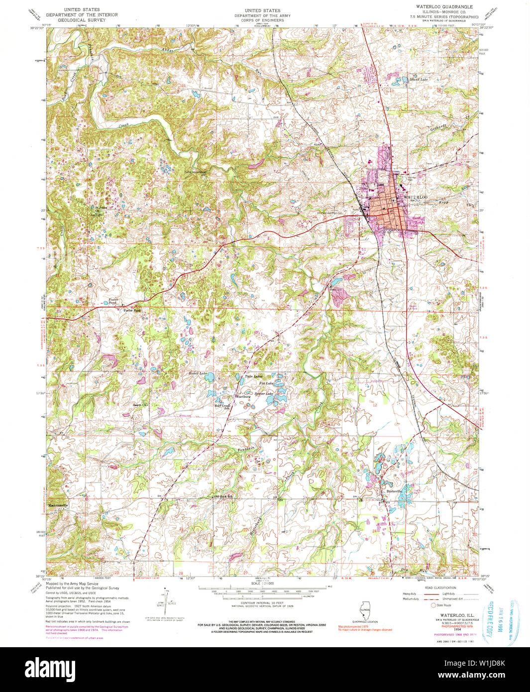 USGS TOPO Map Illinois IL Waterloo 308996 1954 24000 Restoration Stock ...
