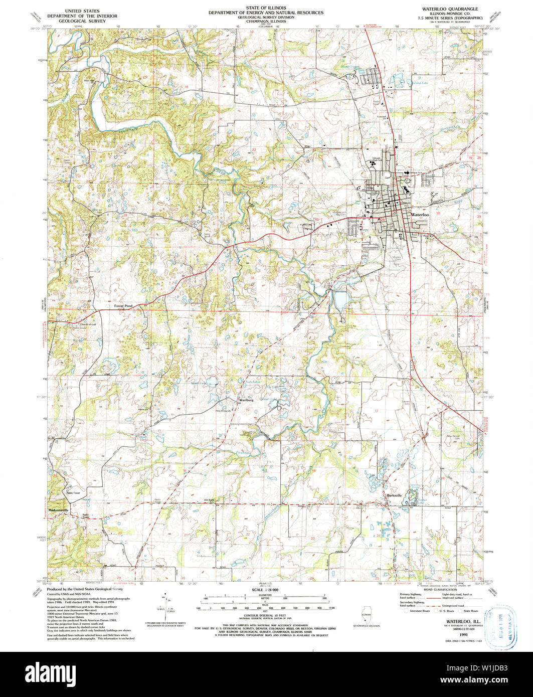 USGS TOPO Map Illinois IL Waterloo 308997 1991 24000 Restoration Stock ...