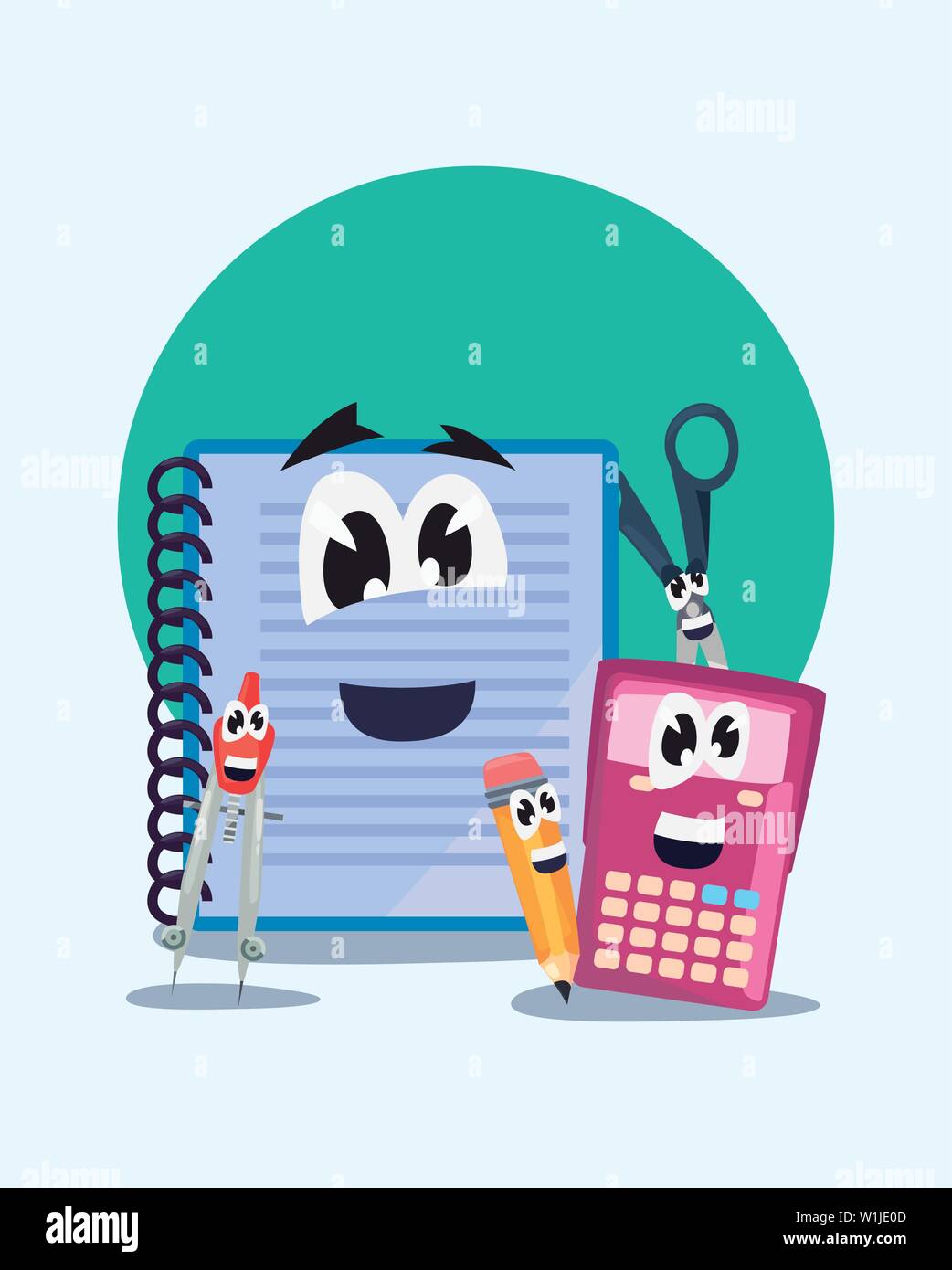notebook calculator scissors compass pencil cartoon back to school ...