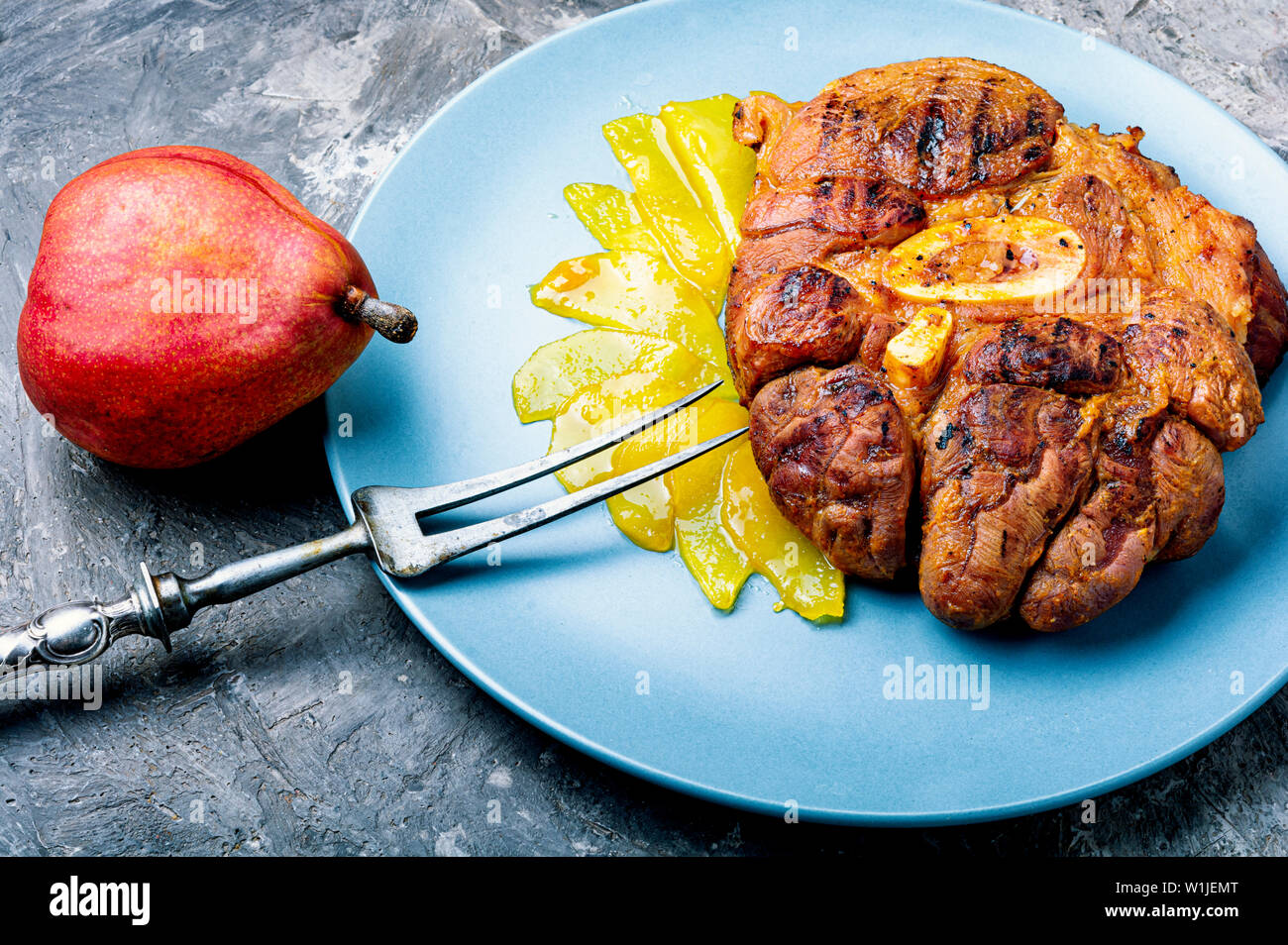 Fresh beef steak with pear sauce.Juicy steak medium rare beef Stock ...