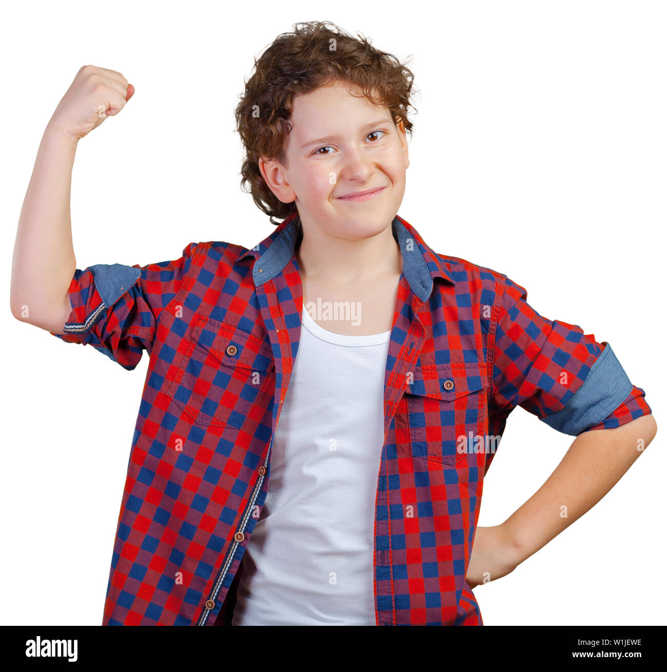 Close up portrait of strong smiling boy showing muscles Stock Photo - Alamy