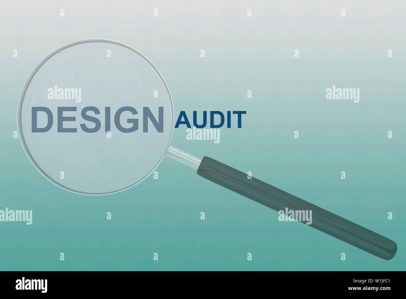 DESIGN AUDIT sign concept illustration with a magnifying glass on pale ...