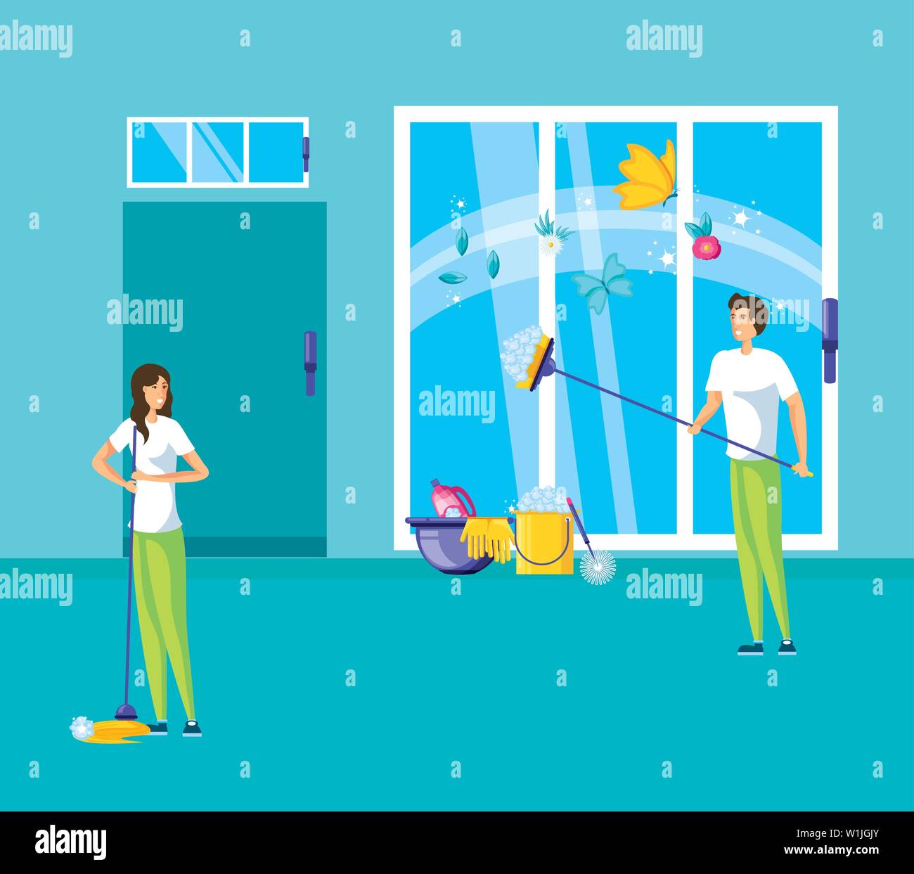 housekeeping couple working indoor home vector illustration design ...