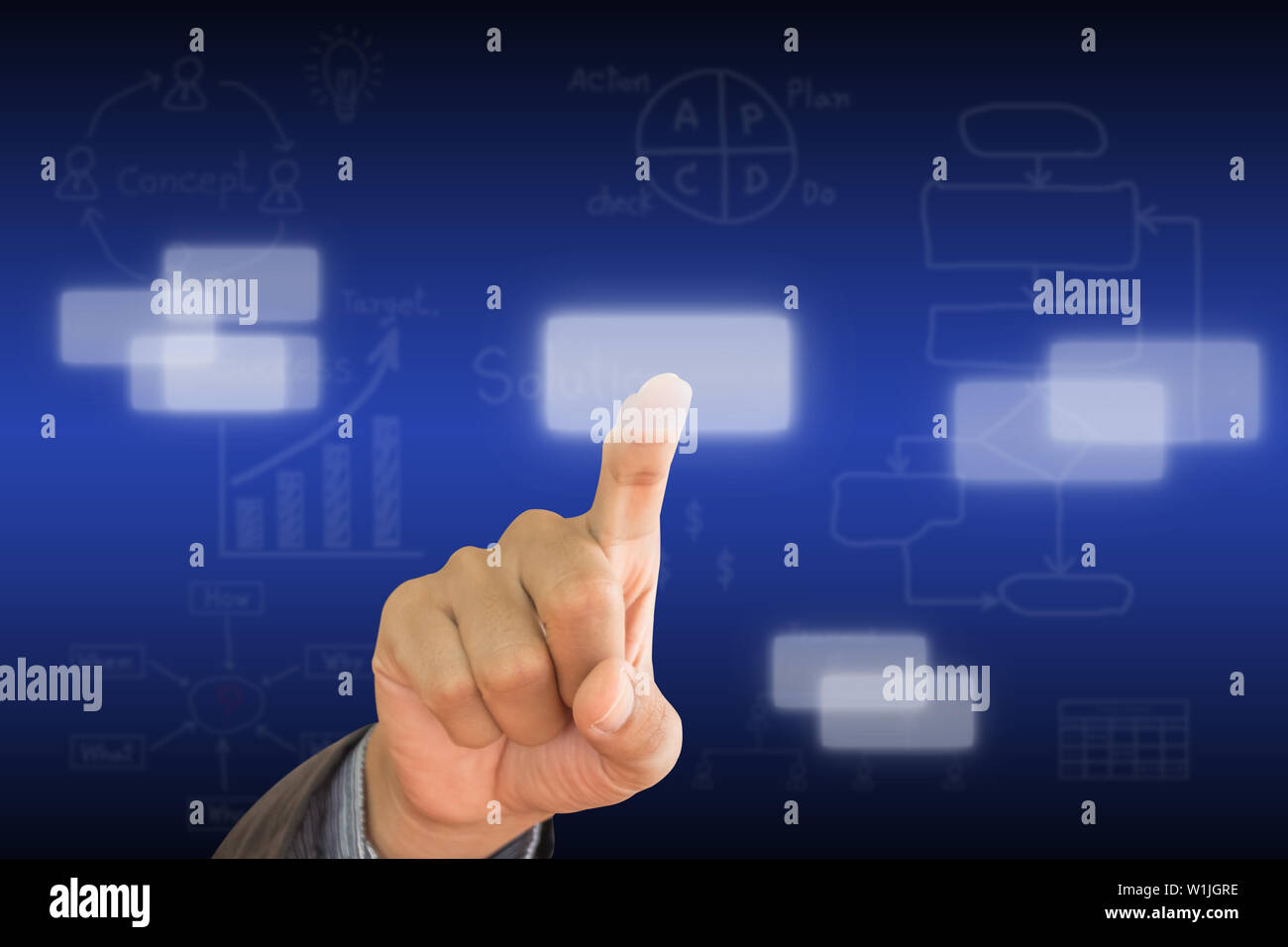 Business man press the button Stock Photo - Alamy