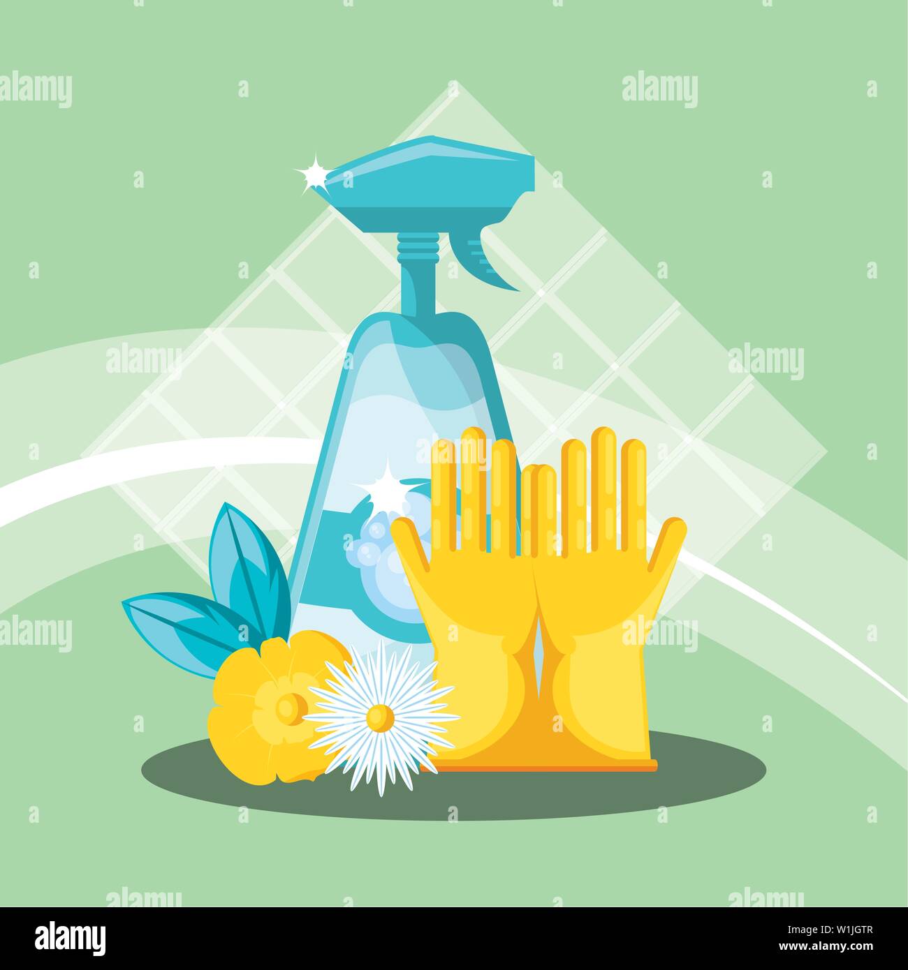 housekeeping tools with bottle plastic product and glove vector ...