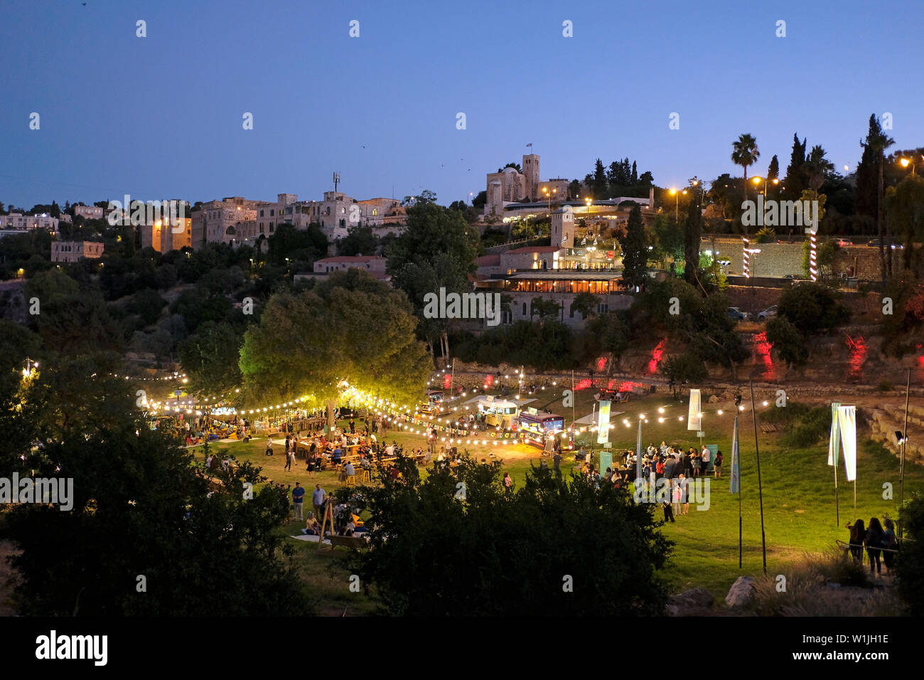 View of the Food Truck Festival taking place in Valley of Hinnom or Gei ...