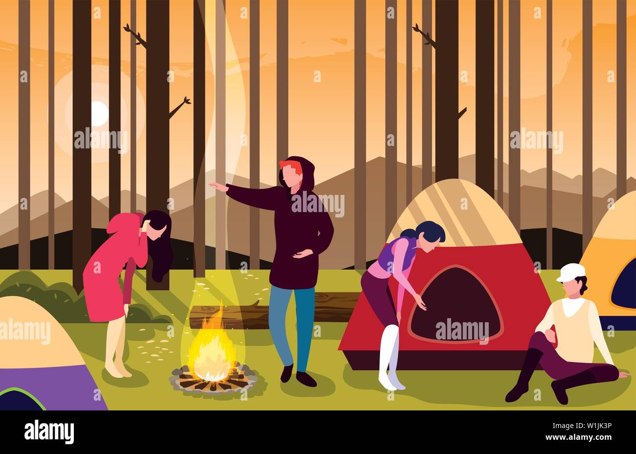 campers in camping zone with tent and campfire sunset scene vector ...