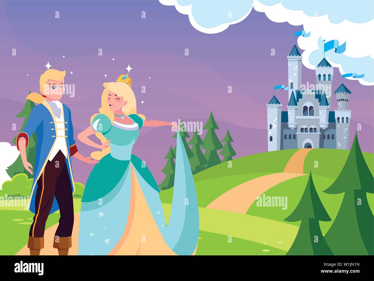 princess and prince with castle fairytale in landscape vector ...