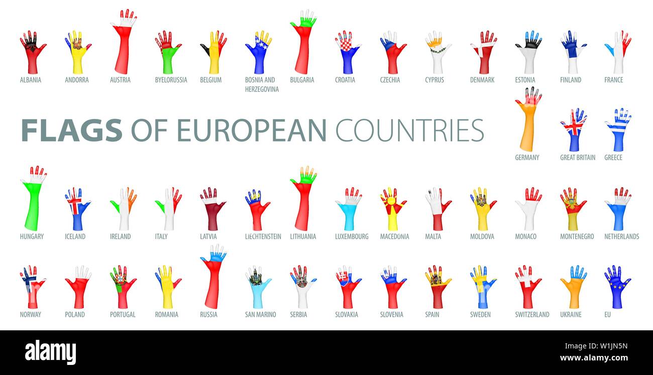 Hand and national flag. Vector illustration of a set of European flags ...