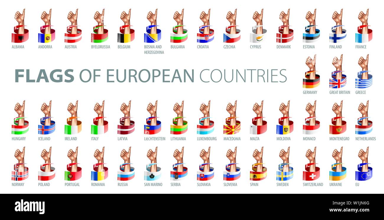 Hand and national flag. Vector illustration of a set of European flags ...