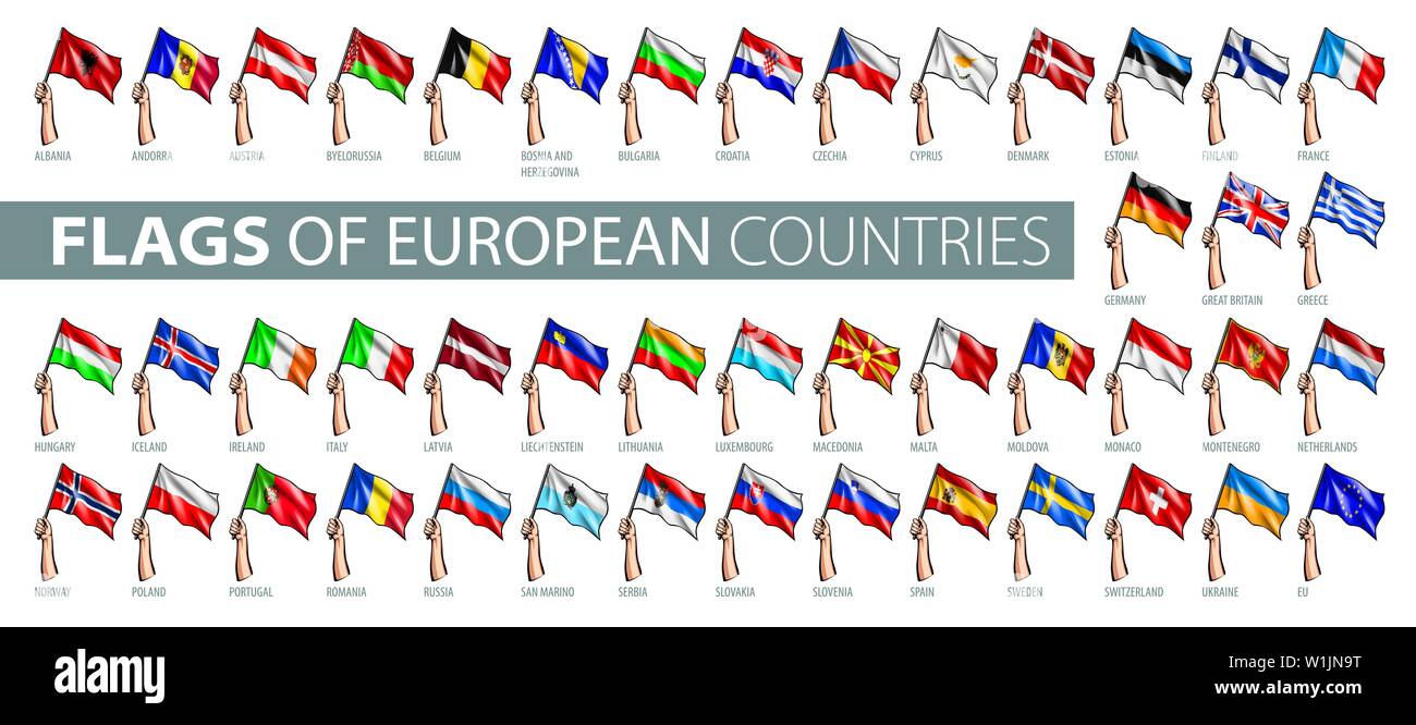 Hand and national flag. Vector illustration of a set of European flags ...