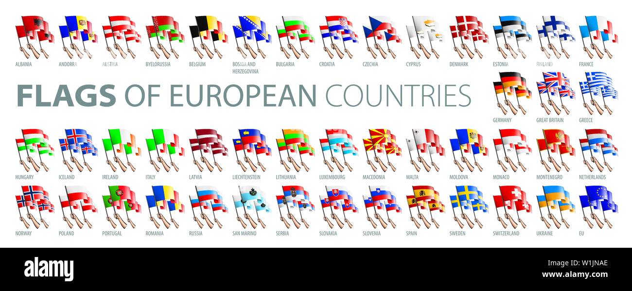Hand and national flag. Vector illustration of a set of European flags ...