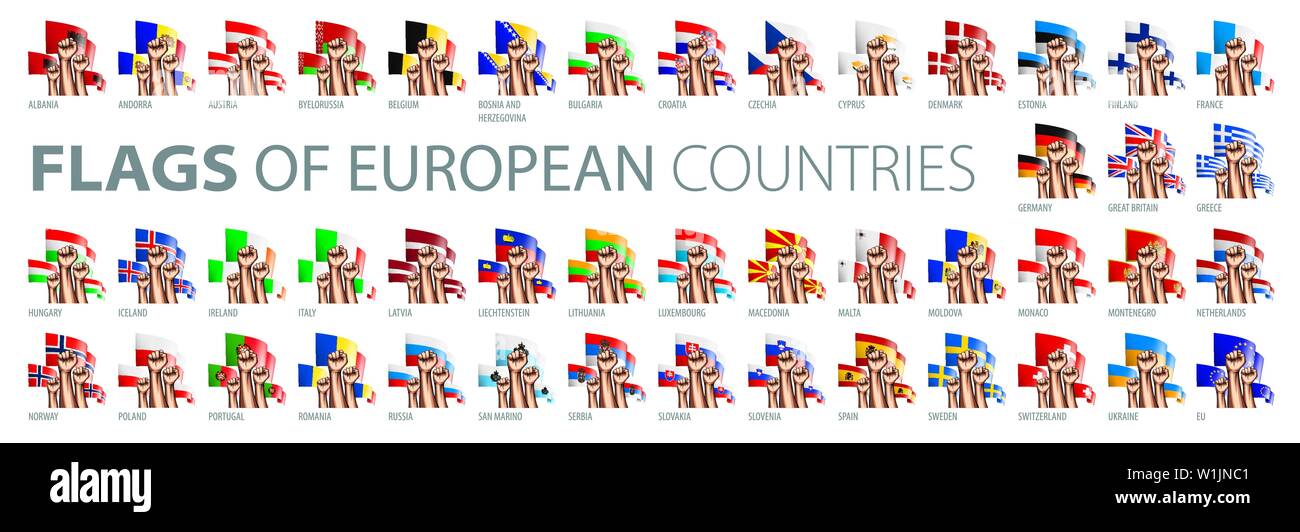 Hand and national flag. Vector illustration of a set of European flags ...