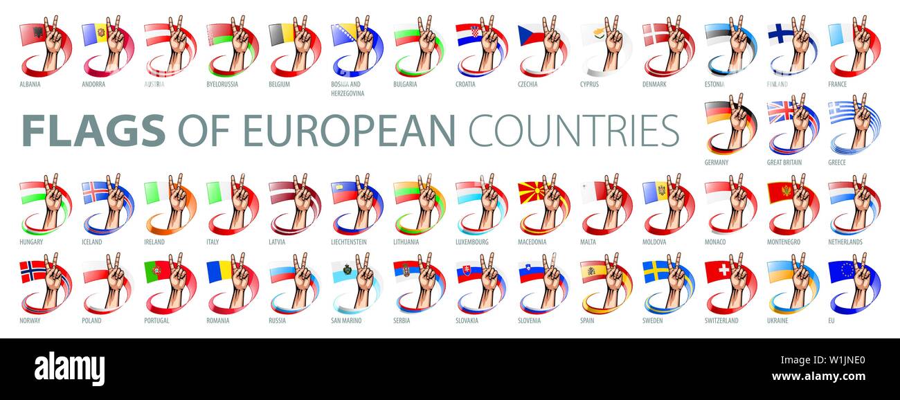 Hand and national flag. Vector illustration of a set of European flags ...