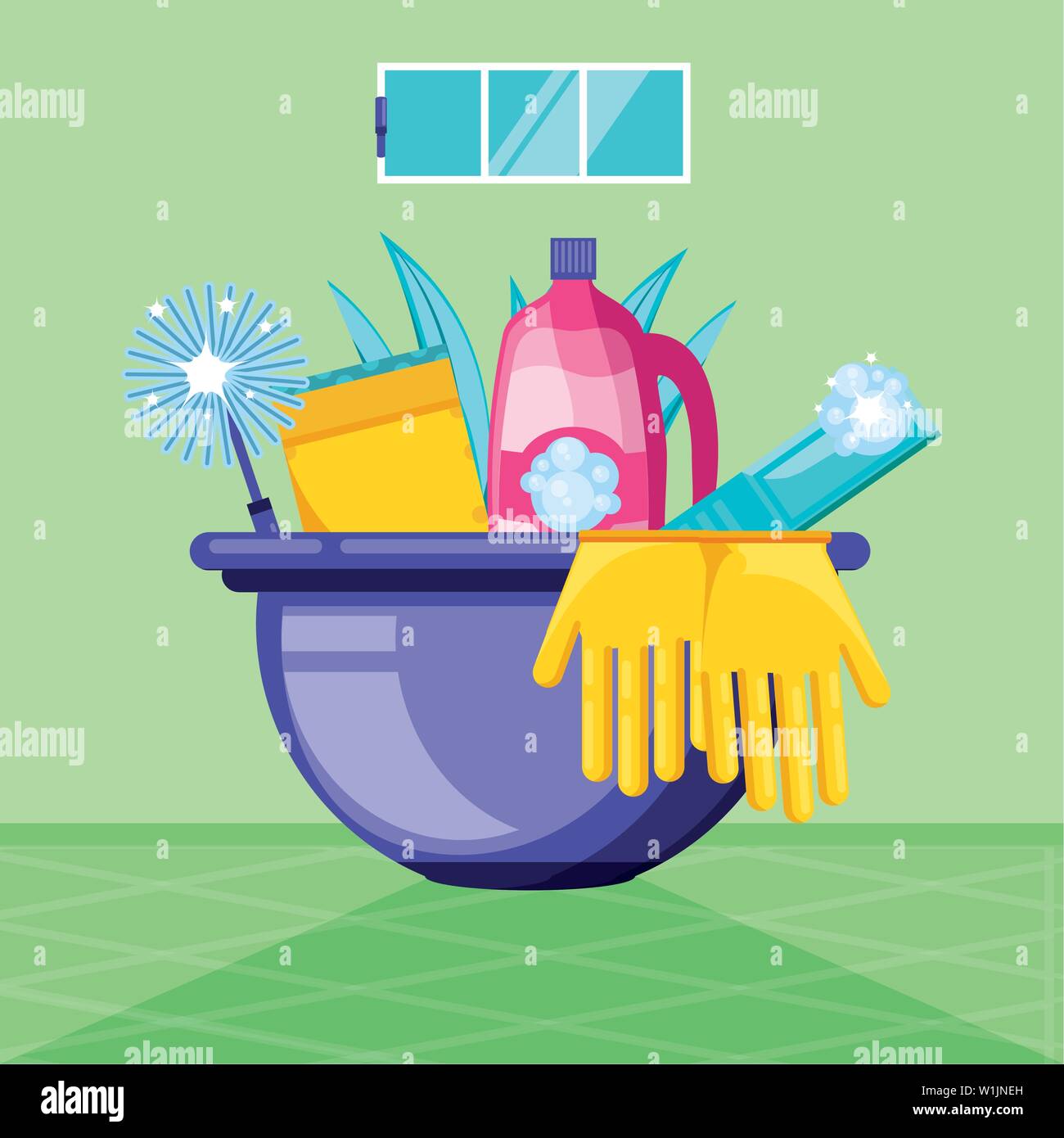 housekeeping tools with with bucket and icons vector illustration ...