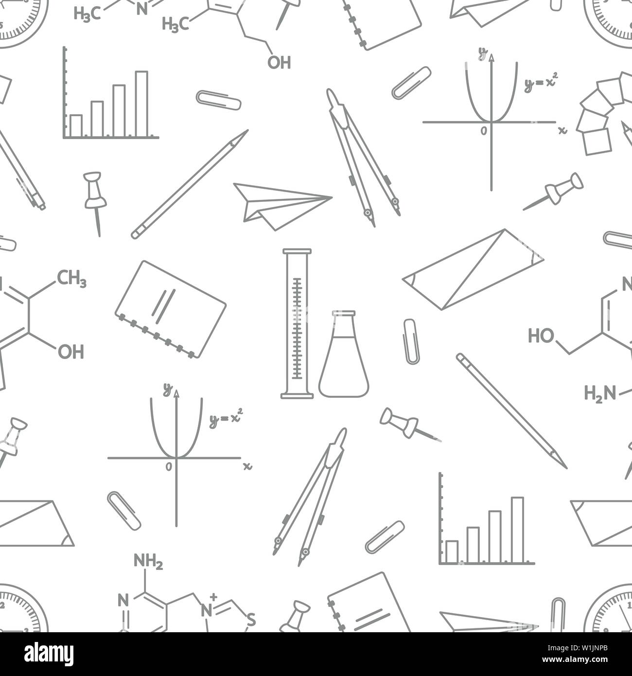 Vector seamless pattern with scientific, education elements: flasks, molecule structure ...