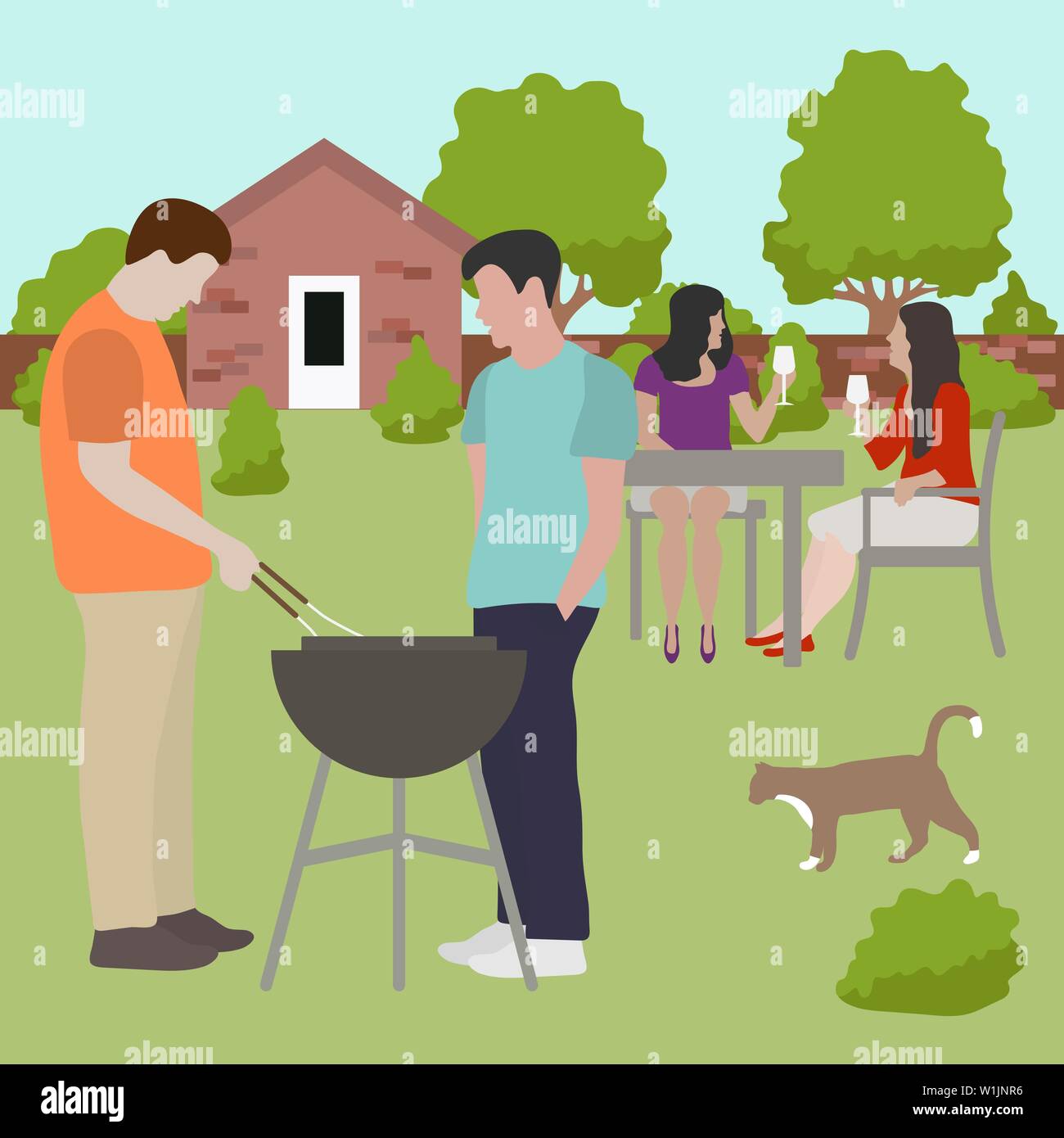 Vector illustration with people having bbq party in the backyard. BBQ ...