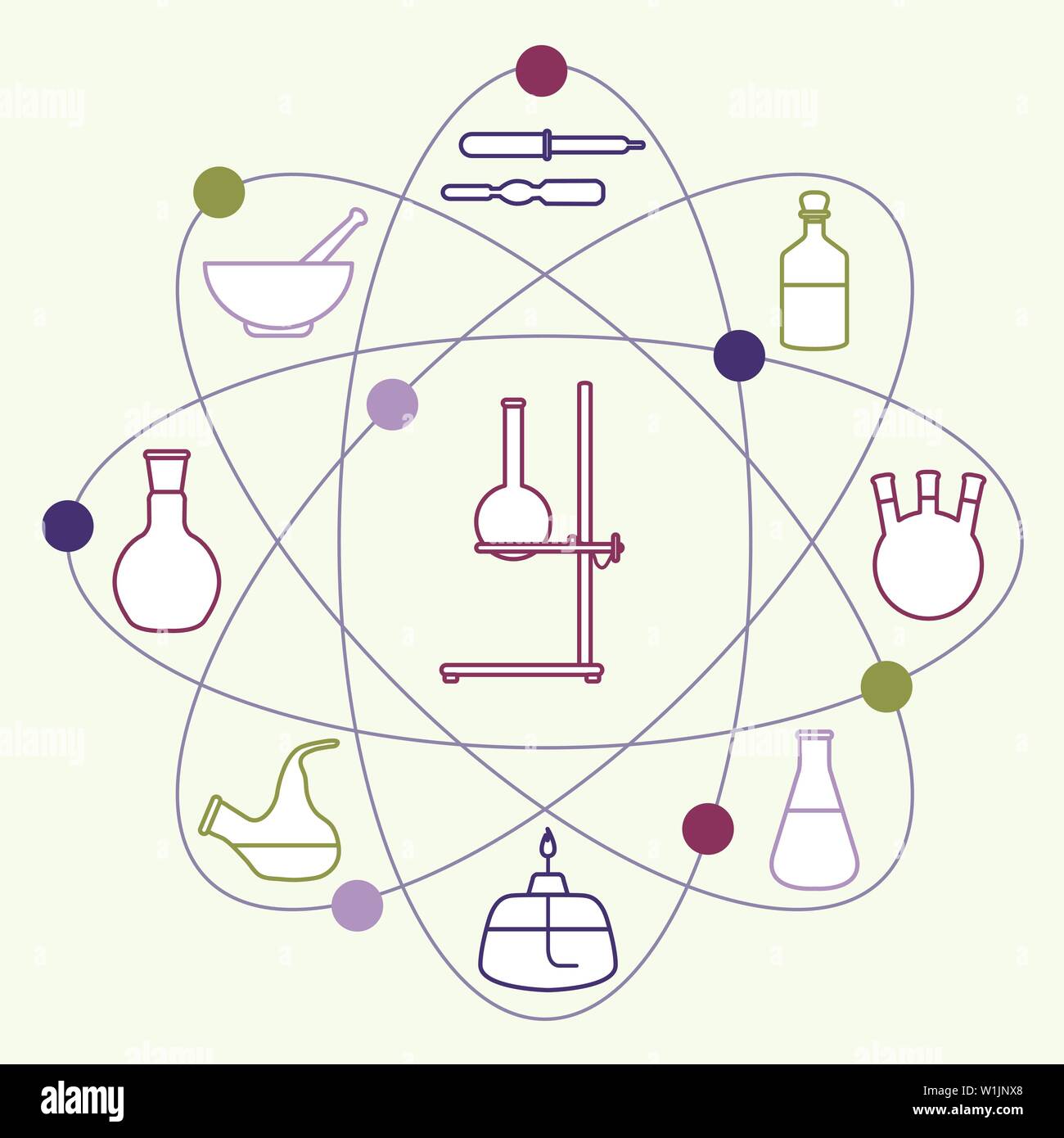 Vector illustration with atomic structure, glassware flasks, burner ...