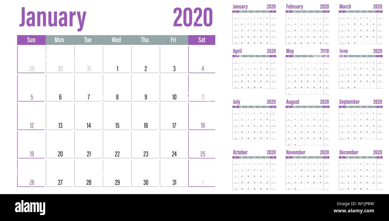 Calendar planner 2020 template vector illustration all 12 months week ...