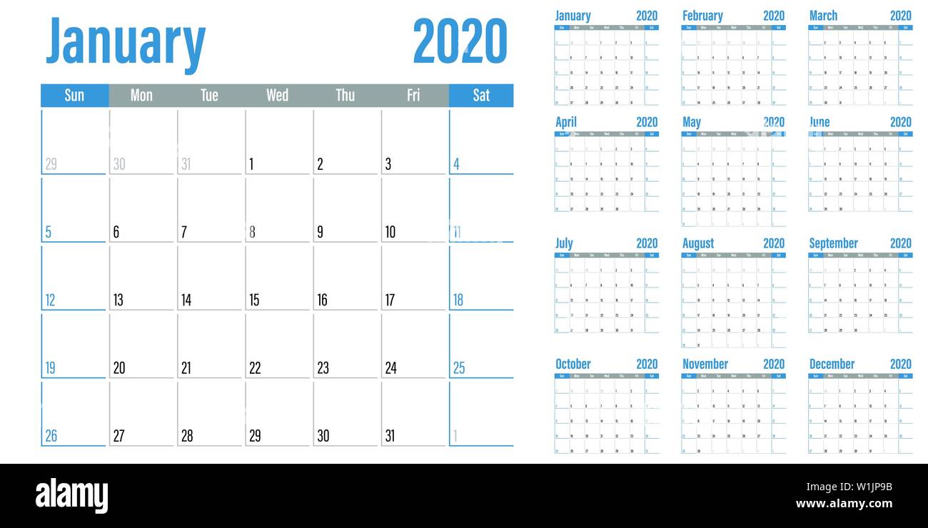Calendar planner 2020 template vector illustration all 12 months week ...