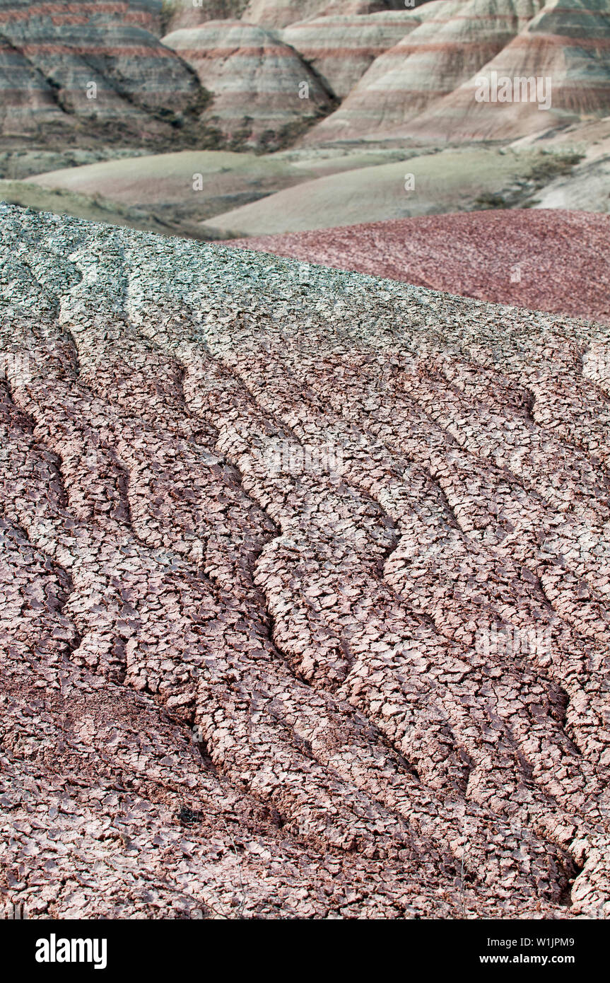 Dried soil and colorful rock layers paint a vibrant texture in Badlands ...