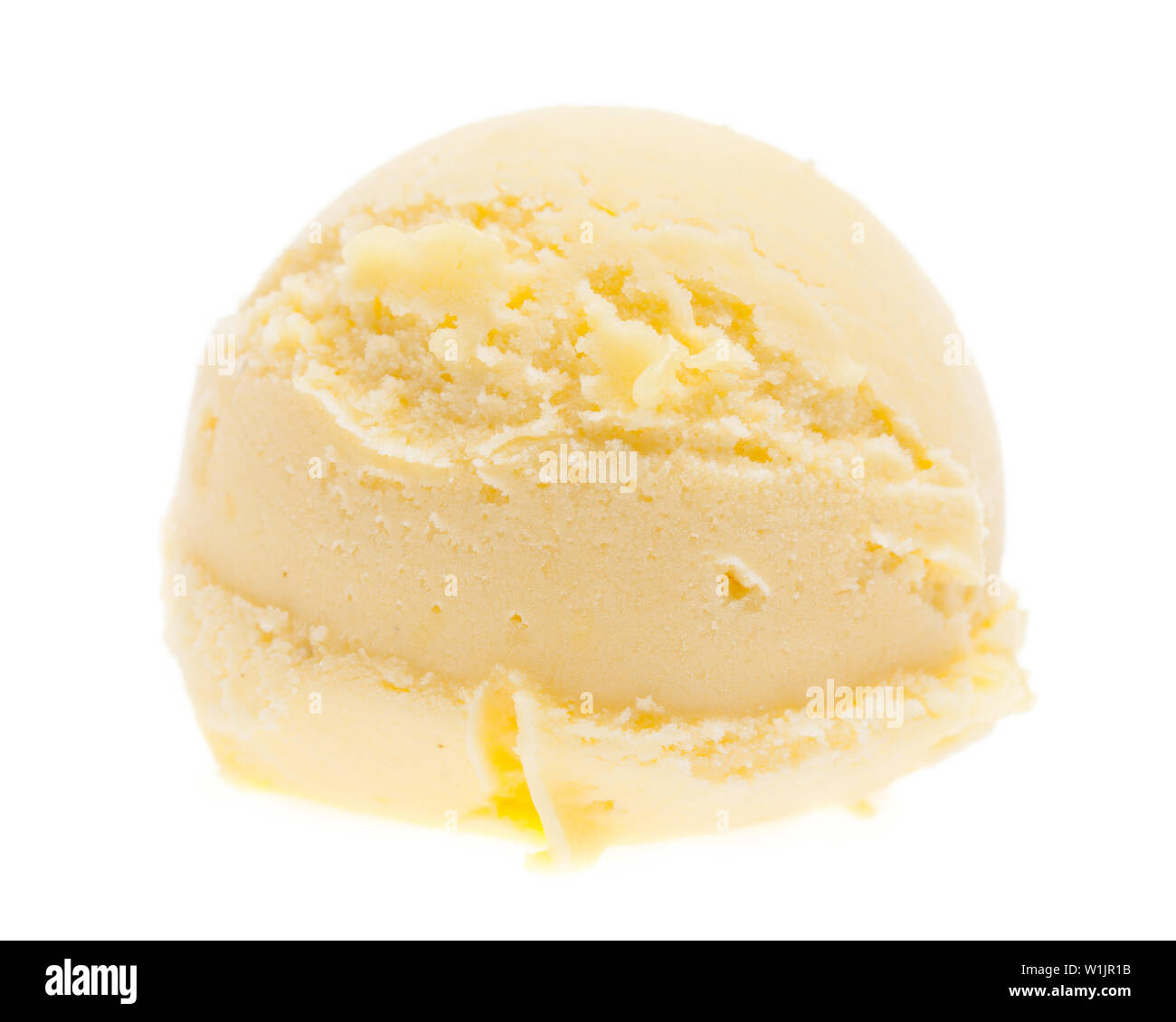 A scoop of mango ice cream from the front on a white background ...