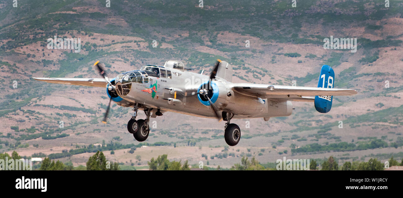 A Confederate Air Force B-25, Maid in the Shade, lifts off the runway ...