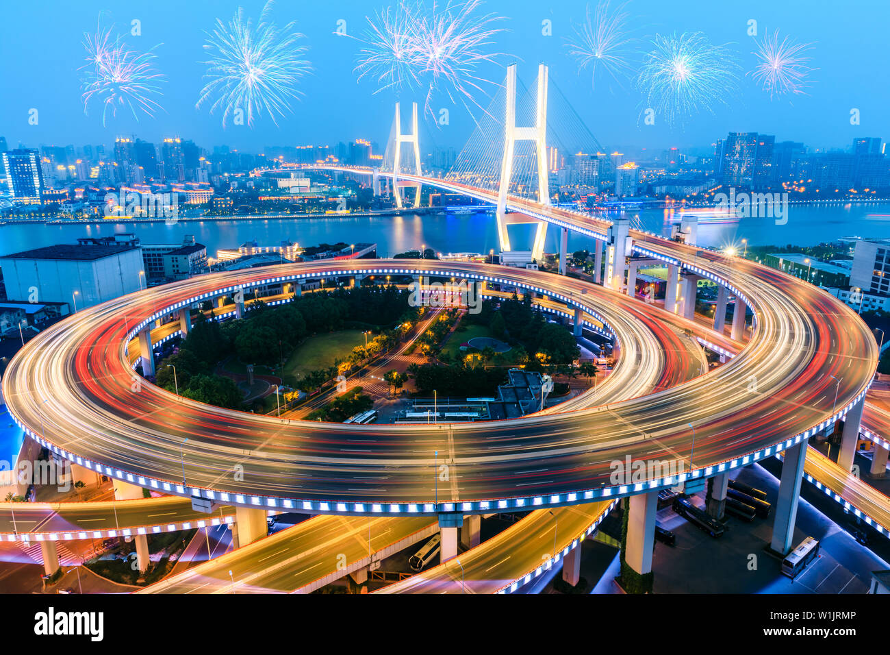Nanpu Bridge At Night Modern Bridge At Night In Shanghai China Stock