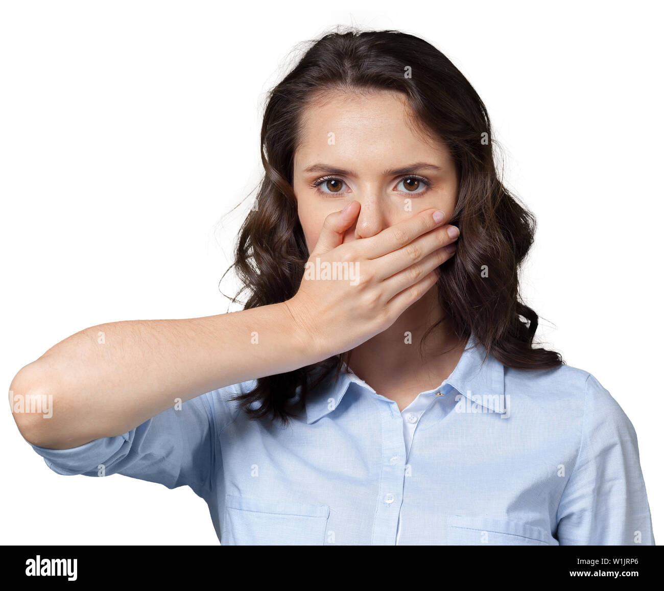 Beautiful young woman covering the face with her hand Stock Photo - Alamy