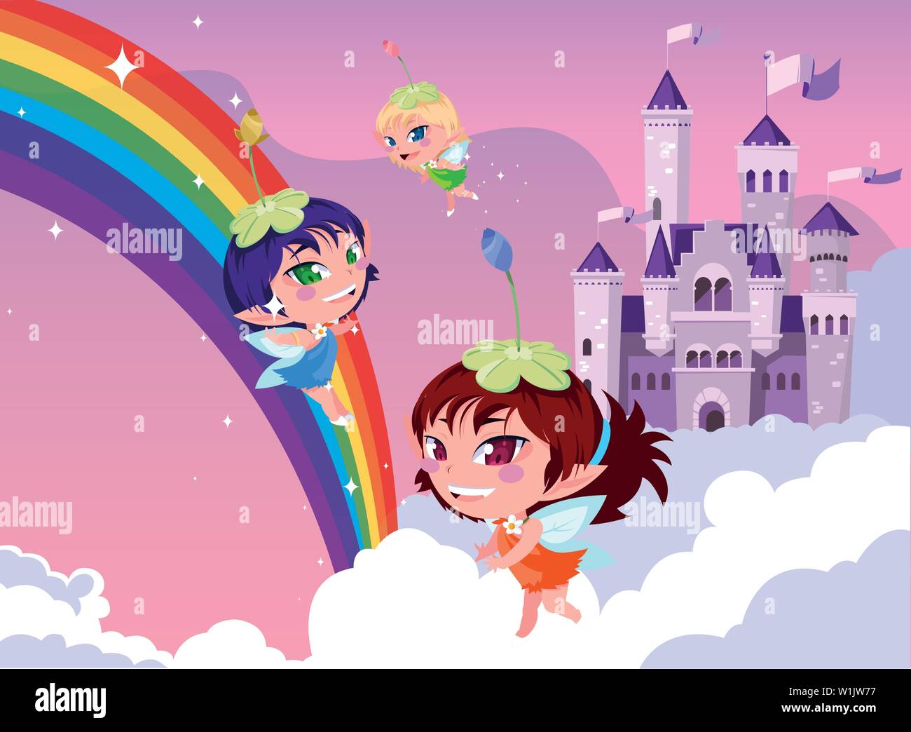 fairies with castle fairytale in the sky with clouds vector ...