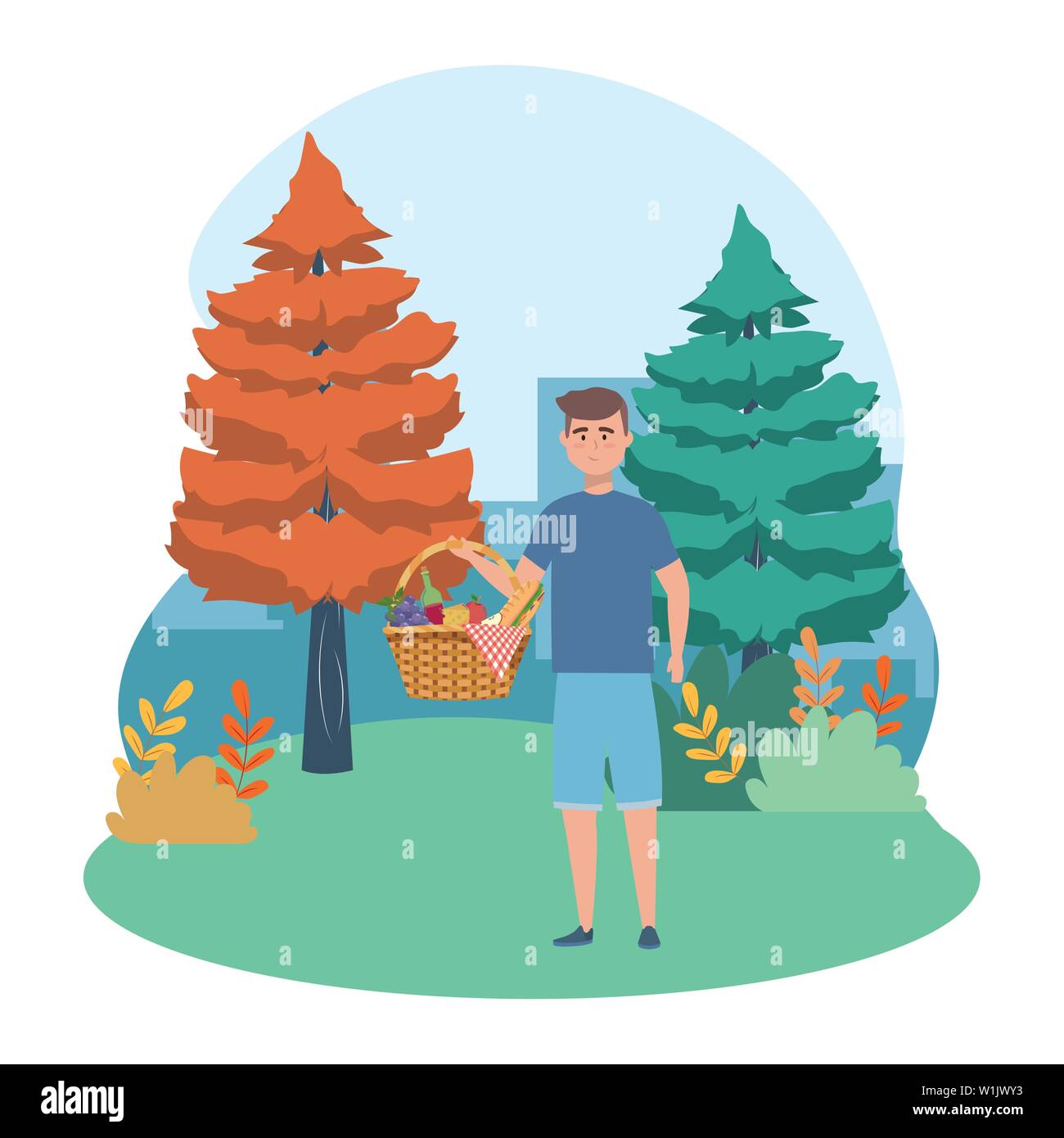 Man cartoon having picnic design, Food summer outdoor leisure healthy ...