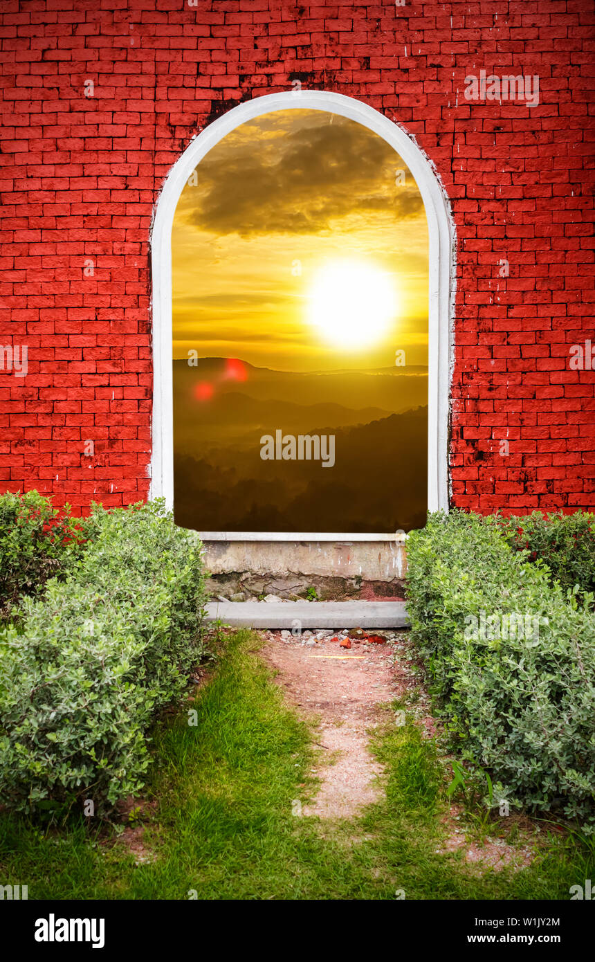 Red brick gate sunset on the mountain Stock Photo - Alamy