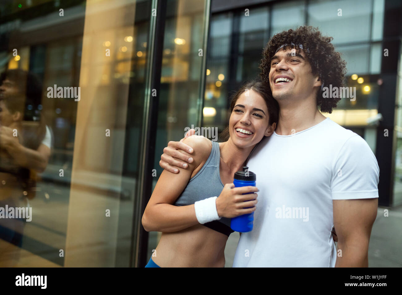 Fitness, sport, friendship and lifestyle concept - smiling couple ...