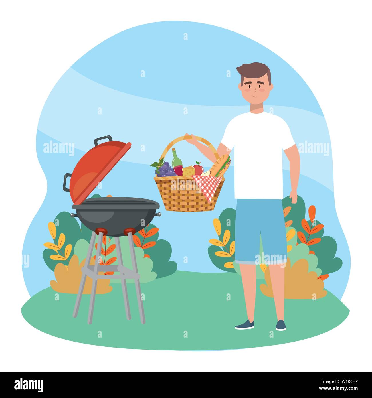 Man cartoon having picnic design, Food summer outdoor leisure healthy ...
