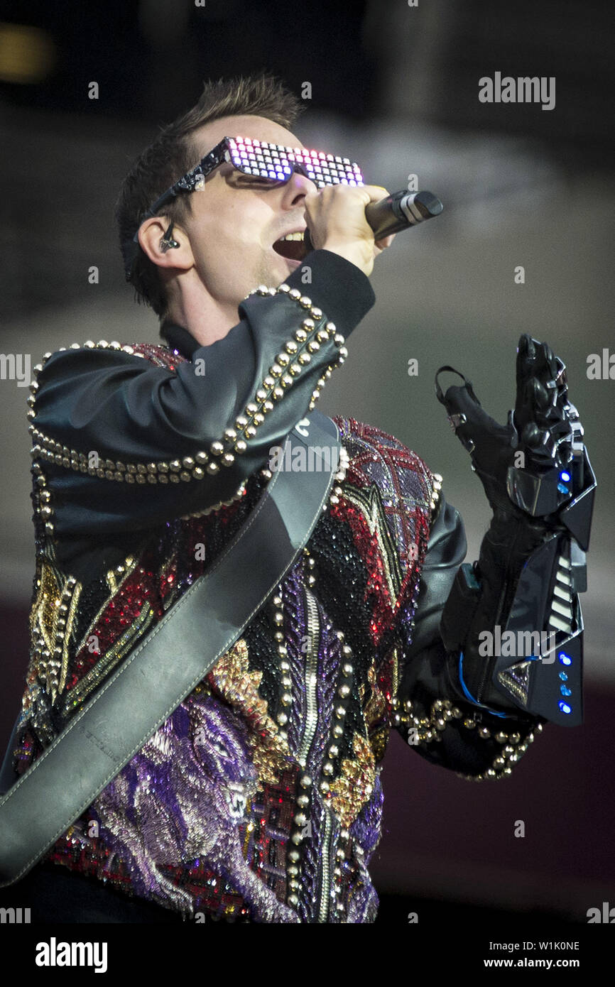 LONDON, ENGLAND: Muse perform on the opening night of their Simulation ...