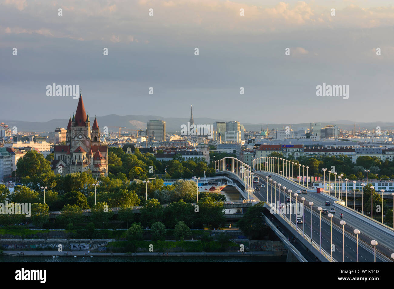 Wien, Vienna: bridge Reichsbrücke, river Danube, church Franz von ...