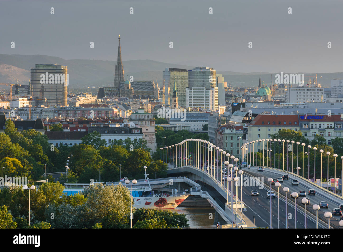 Wien, Vienna: bridge Reichsbrücke, river Danube, cathedral Stephansdom ...
