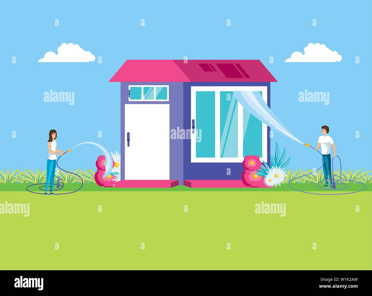 housekeeping couple working with facade home vector illustration design ...