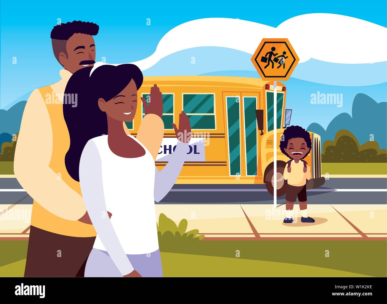 parents goodbye to son in school bus vector illustration design Stock ...